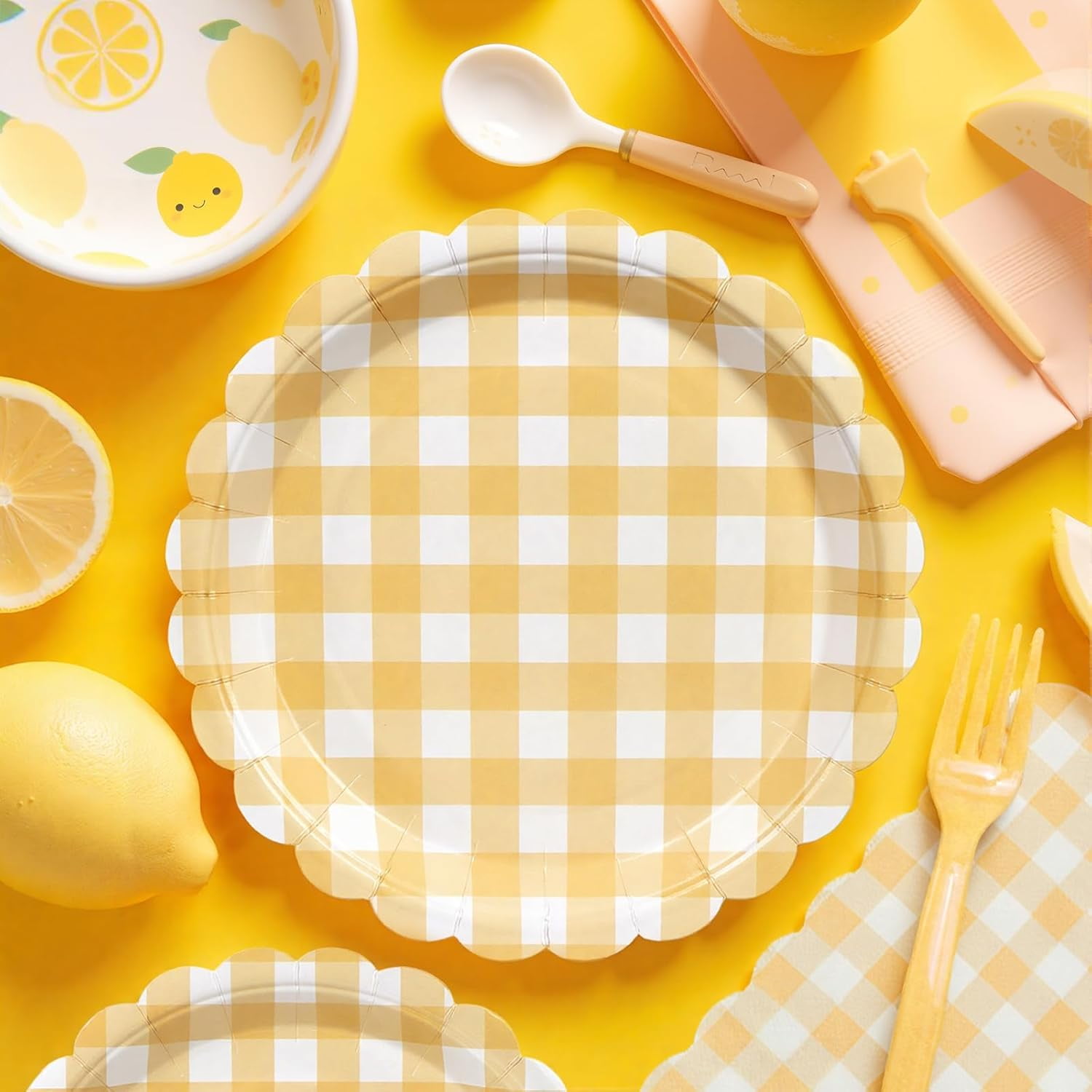 RFGBRG-96pcs Disposable Yellow Plaid Tableware Set Lace Paper Plates ...