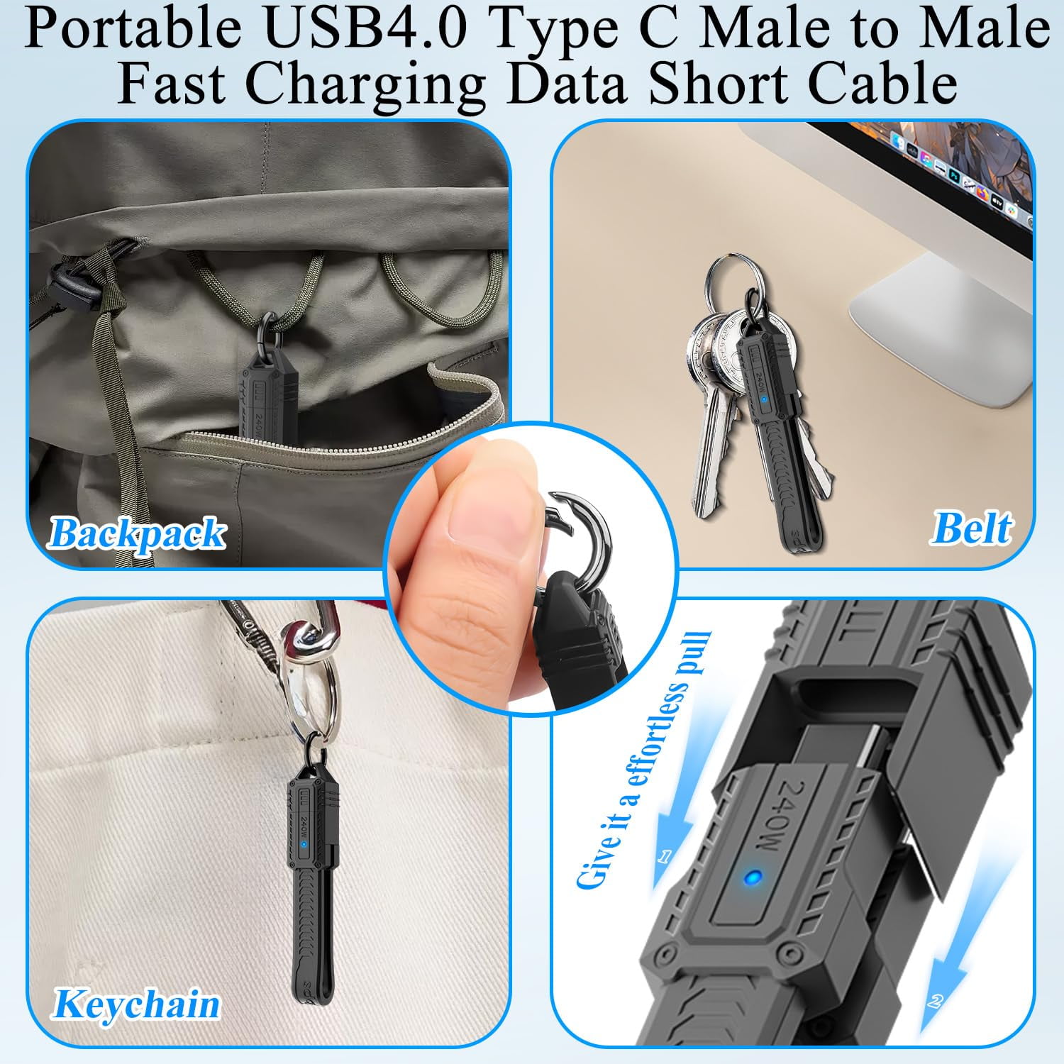 RFGBRG-PD240W USB4.0 C Portable Fast Charging Short Cable 80Gbps USB Type C 4.0 Male to Male ...