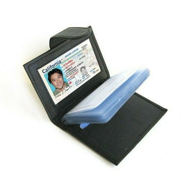 RFID Blocking Black Genuine Leather Business Card Holder Clear Sleeves ...