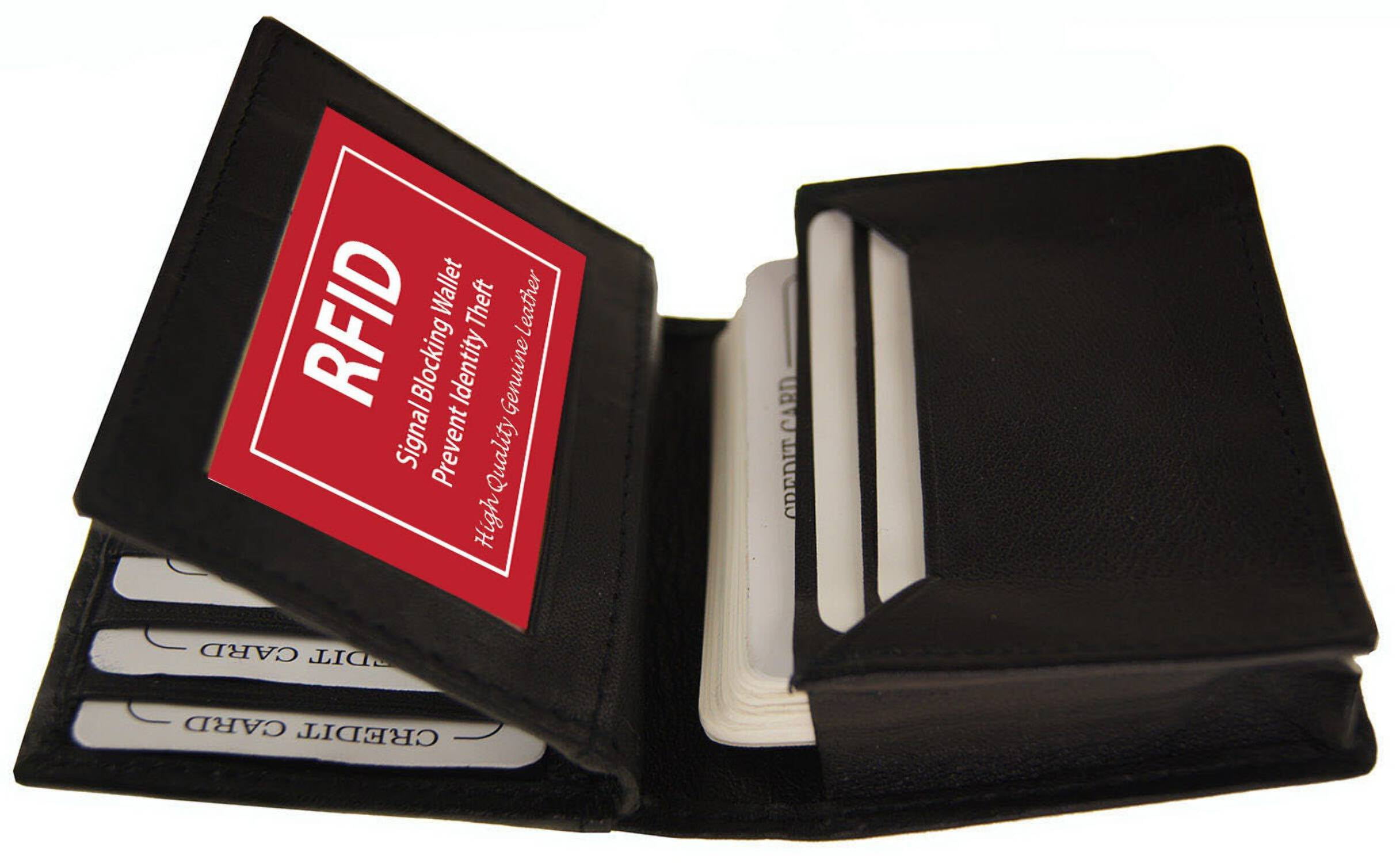 RFID Blocking Black Genuine Leather ID Credit Cards Pocket Business Center Flap Men's Wallet ...