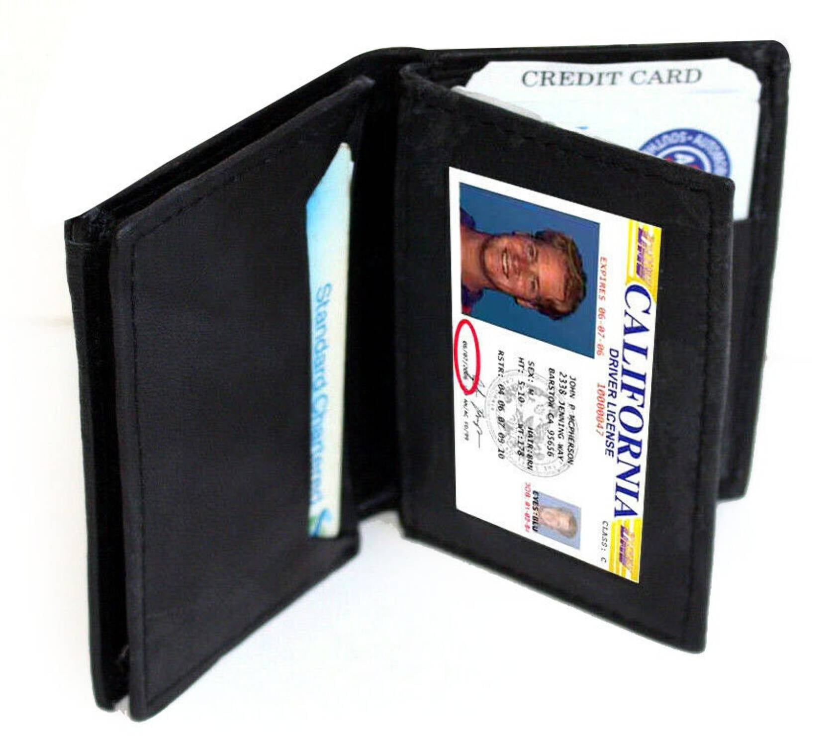 RFID Blocking Black Genuine Leather ID Credit Cards Pocket Business Center Flap Men's Wallet ...