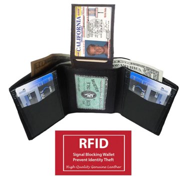 RFID Mens Genuine Leather Black Security Badge Holder Trifold Wallet ...