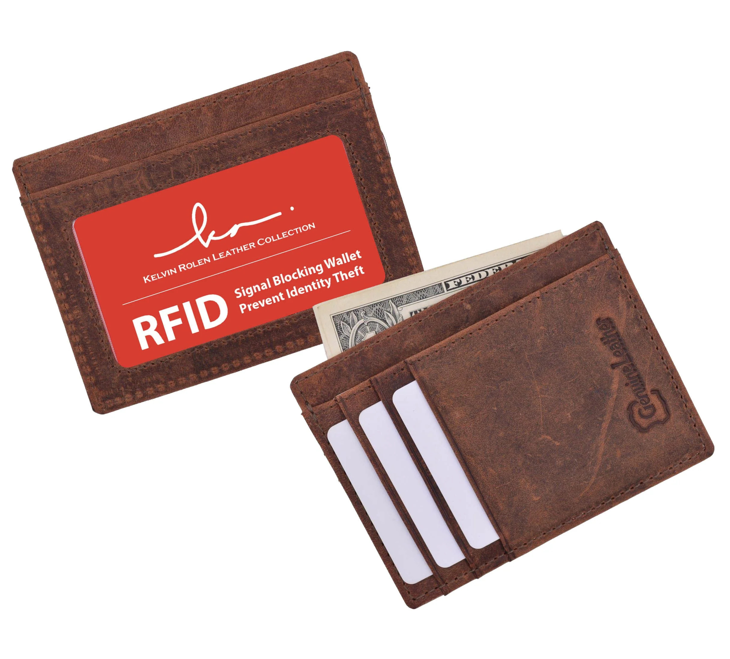 RFID Blocking Cowhide Leather Thin Men's Wallet Front Pocket ID Card ...
