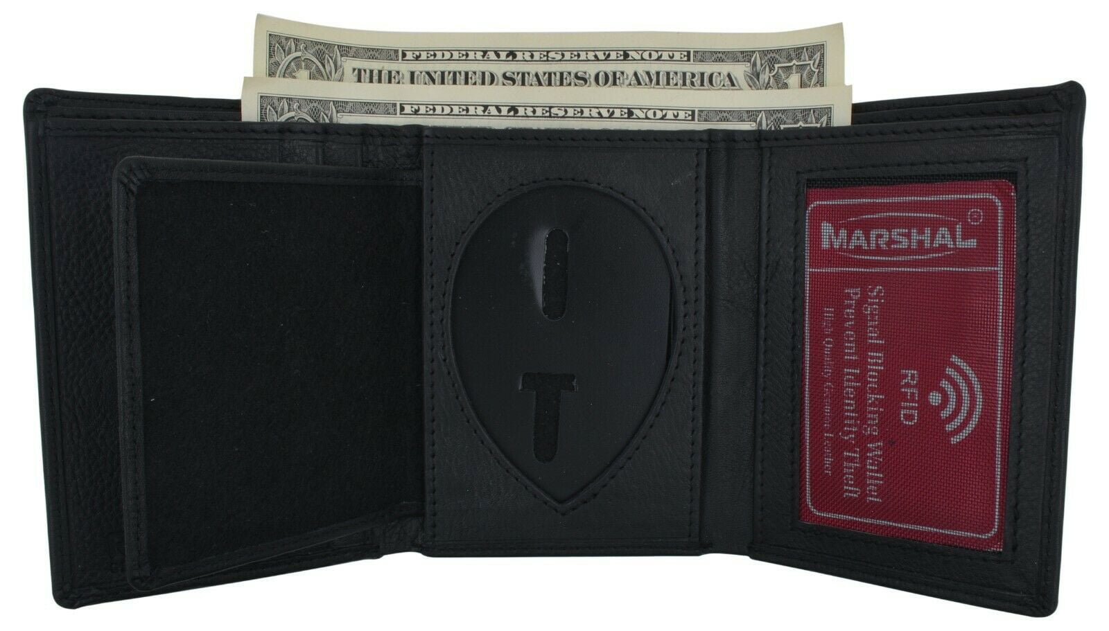 RFID Blocking Genuine Leather Trifold Badge ID Card Holder Wallet Black ...