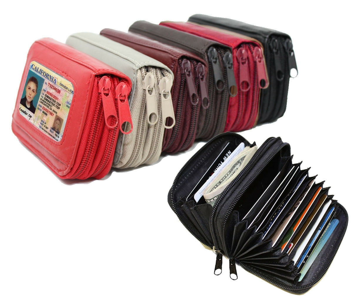 RFID Blocking Genuine Leather Women's Accordion Wallet 2 Zip Fan Open ...