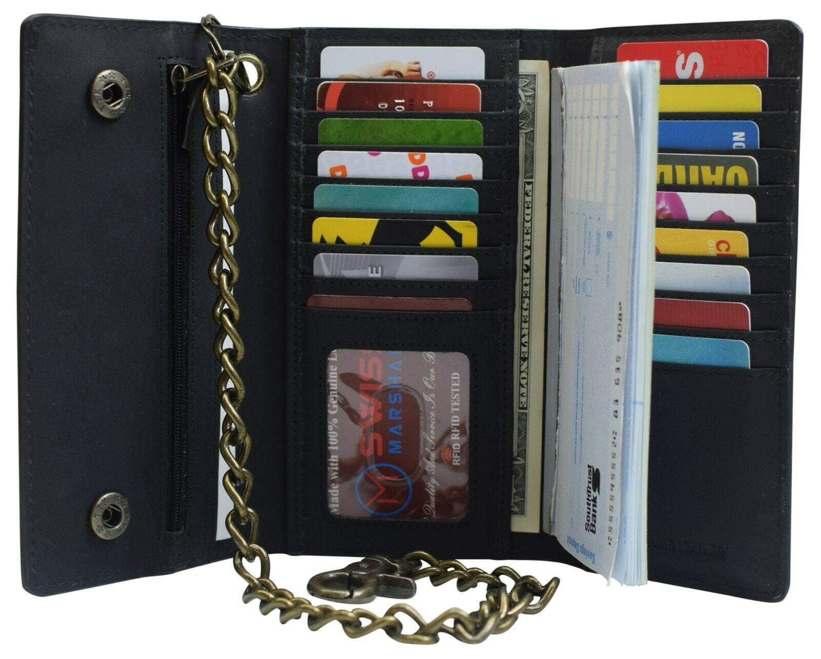 RFID Blocking Leather Biker Trifold Chain Wallet Long Checkbook Black ...