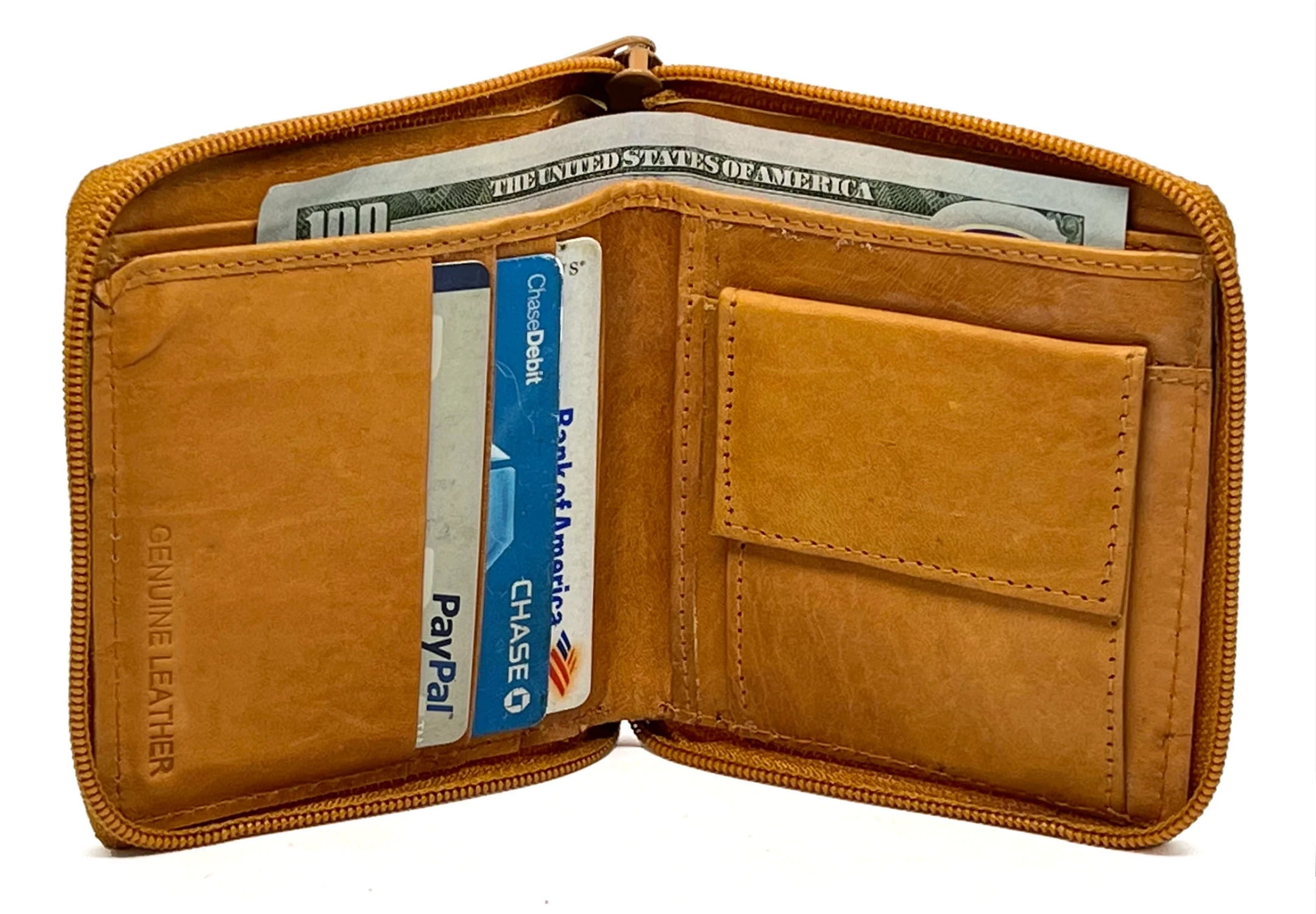 RFID Blocking Leather Zip-Around Men's Bifold Wallet Coin Pocket ...