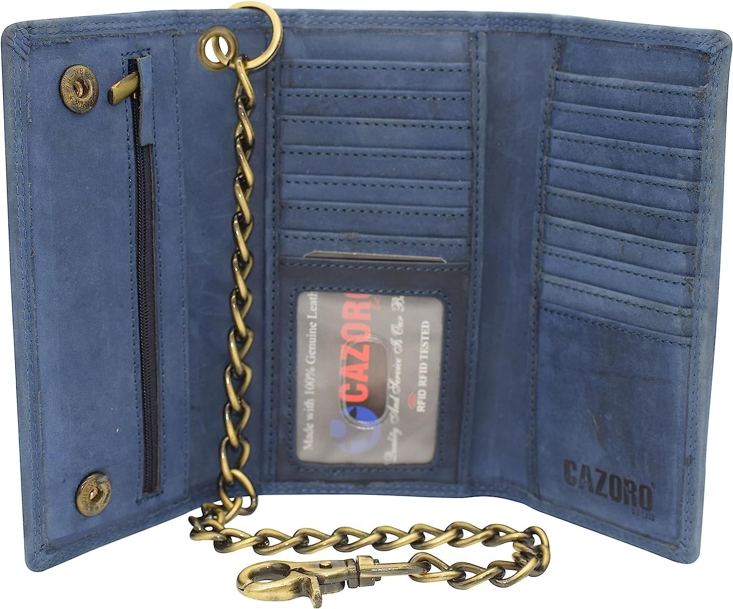 RFID Blocking Mens Tri-fold Long Style Crazy Horse Leather Steel Chain ...