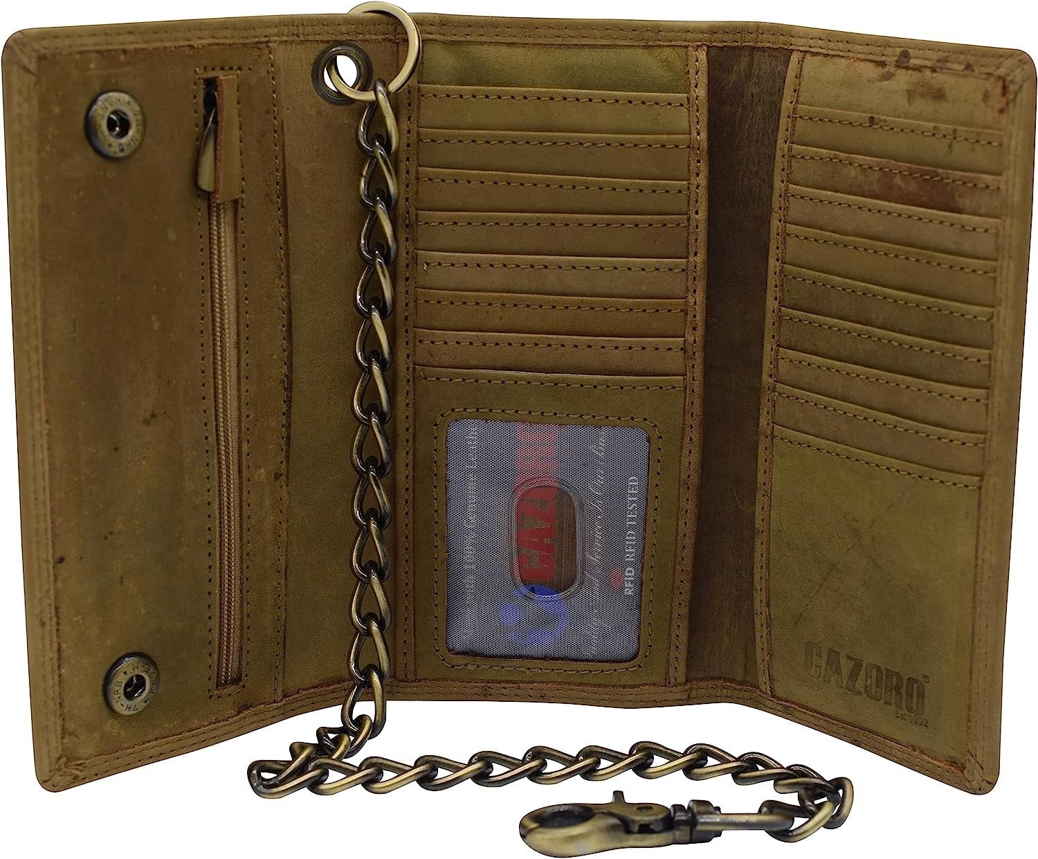 RFID Blocking Mens Tri-fold Long Style Crazy Horse Leather Steel Chain ...