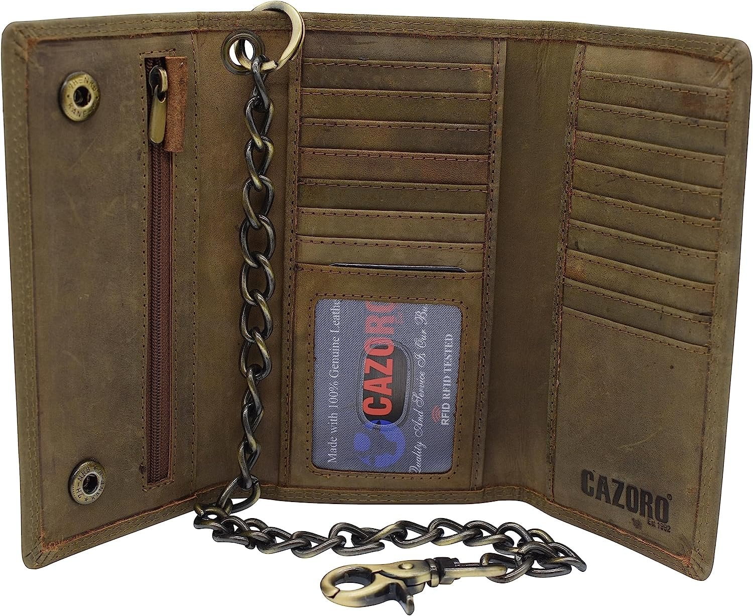 RFID Blocking Mens Tri-fold Long Style Crazy Horse Leather Steel Chain ...