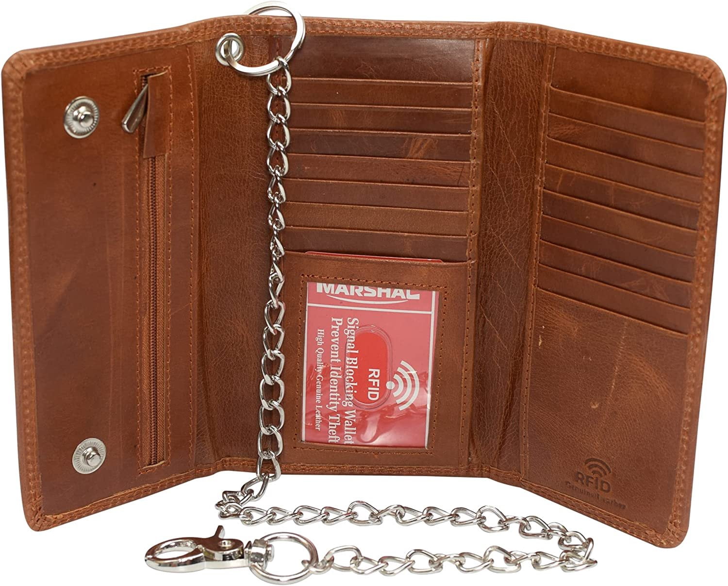 RFID Blocking Mens Tri-fold Long Style Crazy Horse Leather Steel Chain ...
