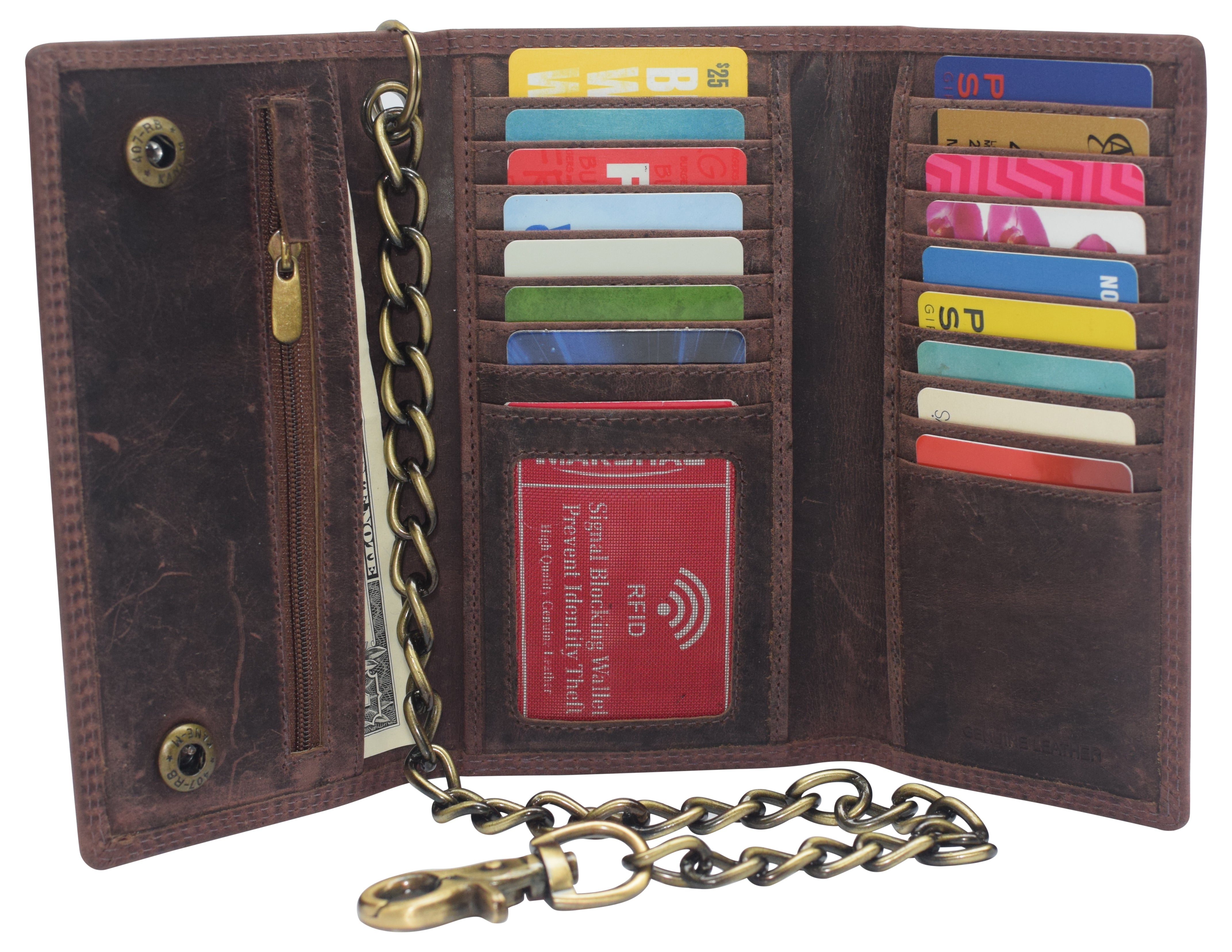 RFID Blocking Mens Tri-fold Long Style Krazy Horse Leather Steel Chain ...