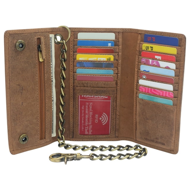 RFID Blocking Mens Tri-fold Long Style Krazy Horse Leather Steel Chain ...