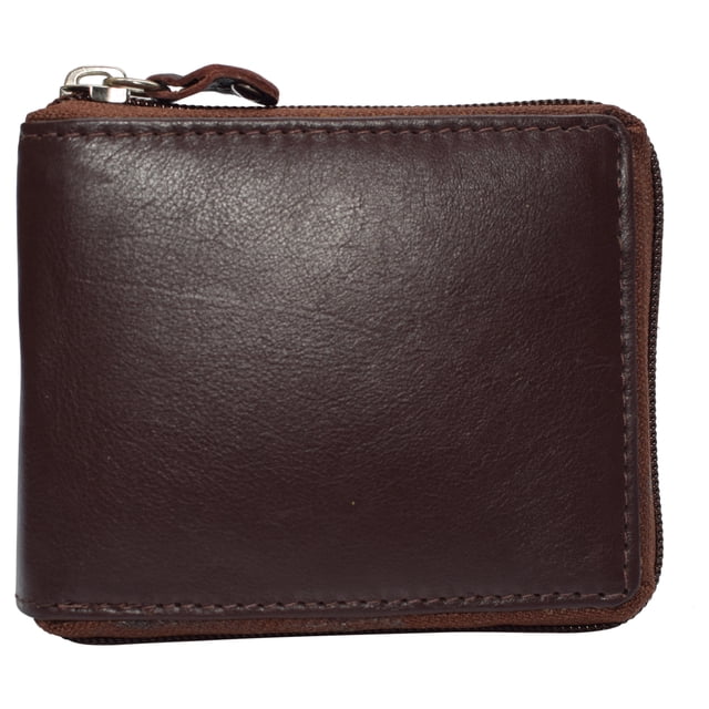 RFID Blocking Mens Zip Around Wallet Cowhide Leather Zipper Bifold ...