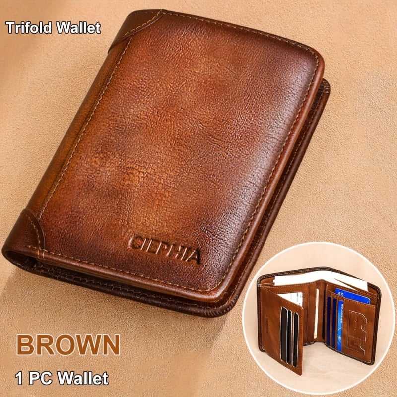 [RFID Blocking] RFID Blocking Trifold Genuine Leather Wallets For Men ...