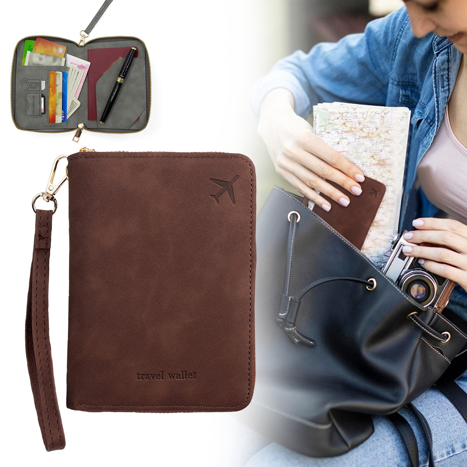 RFID Passport Cover Brown, New Anti-Theft Passport Bag Zipper Travel ...
