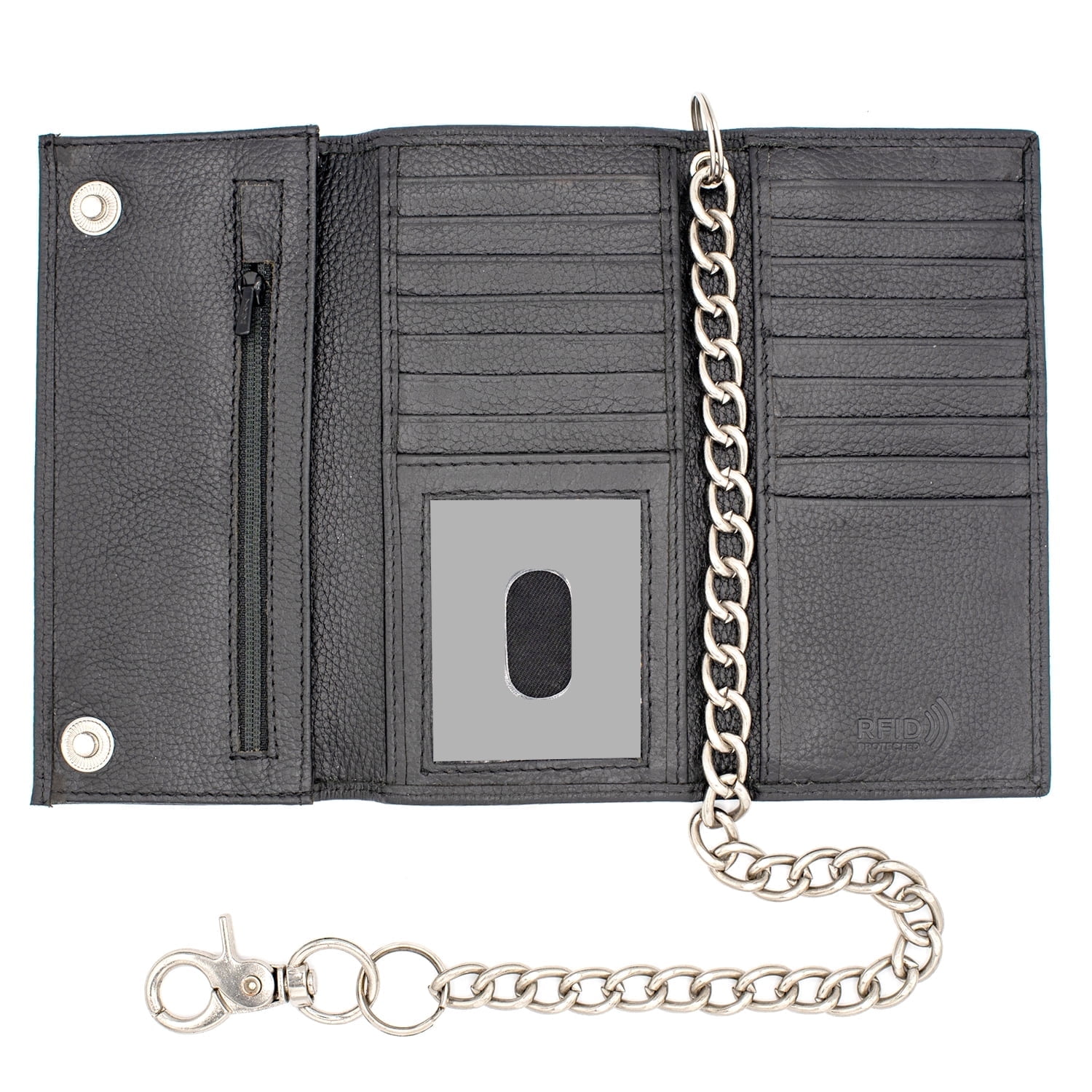 RFID Safe Black Leather Long Checkbook Trifold Chain Wallet for Men ...