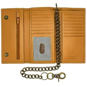 Black Leather Long Checkbook RFID Men's Tri-Fold Chain Wallet for Men ...