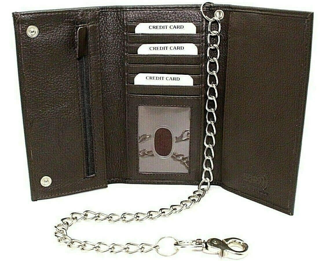 RFID Safe Leather Long Tri-fold Chain Wallet for Men Women Checkbook ...