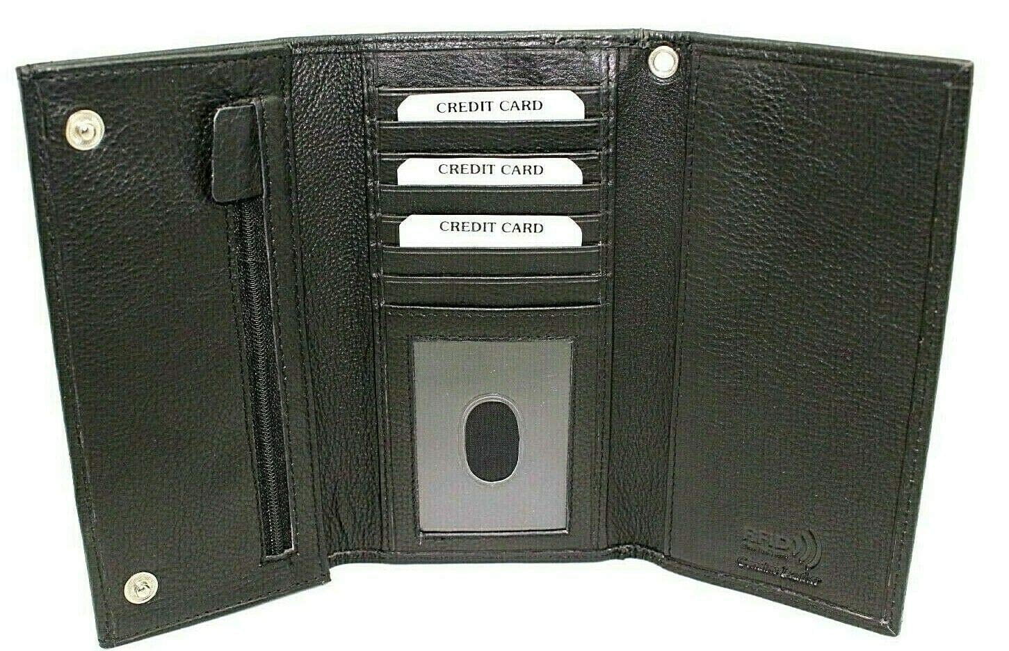 RFID Safe Leather Long Tri-fold Chain Wallet for Men Women Checkbook ...