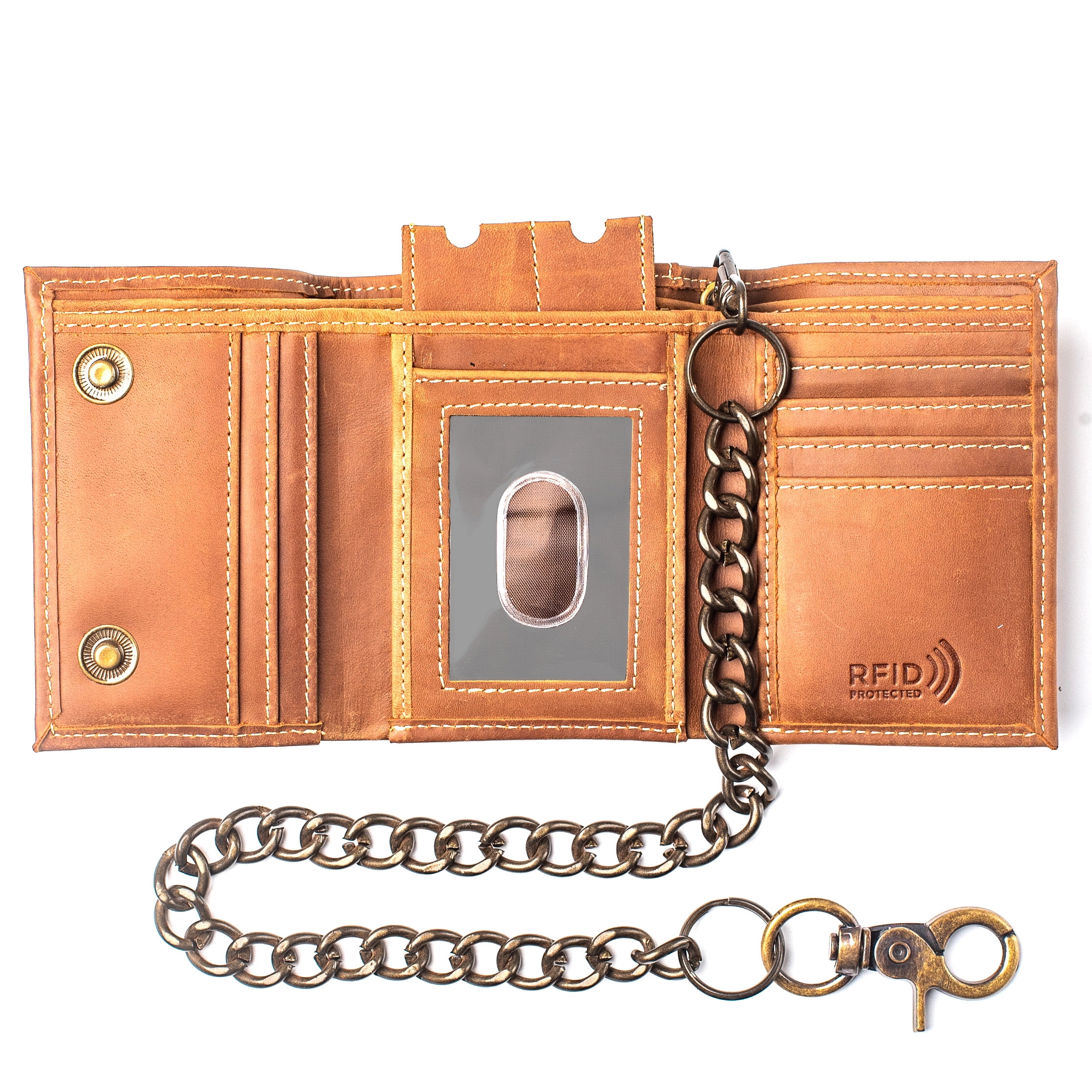 RFID Safe Leather Trifold Chain Wallet for Men Crazy Horse J112 Western ...