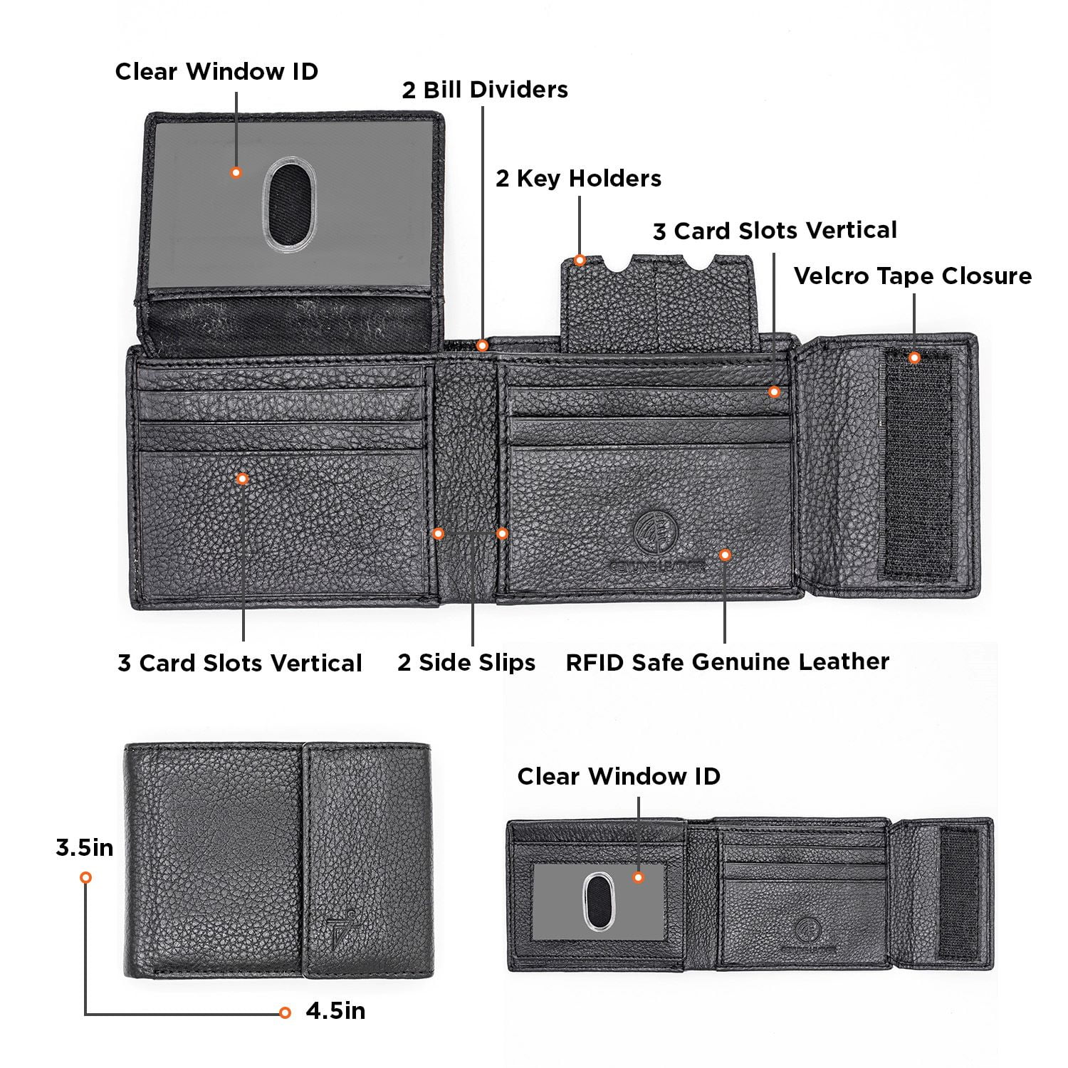 J.T.C RFID Safe Genuine Leather Bi-Fold Wallet, Black, Velcro Closure ...