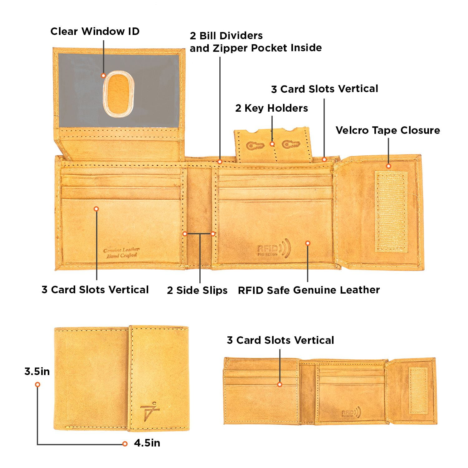 RFID Safe Real Leather Tri-Fold for Men Velcro Closer with Key Holder ...