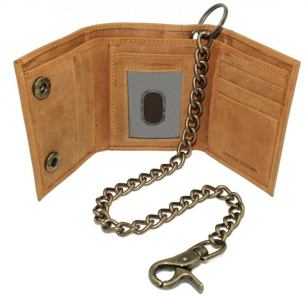 RFID Safe Western Vintage Real Leather Biker Trifold Chain Wallet Khaki ...