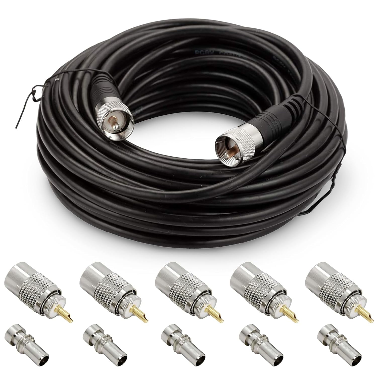 RG8x Coaxial Cable 50ft with 5 Pack PL 259 Solder Connectors, CB Coax ...