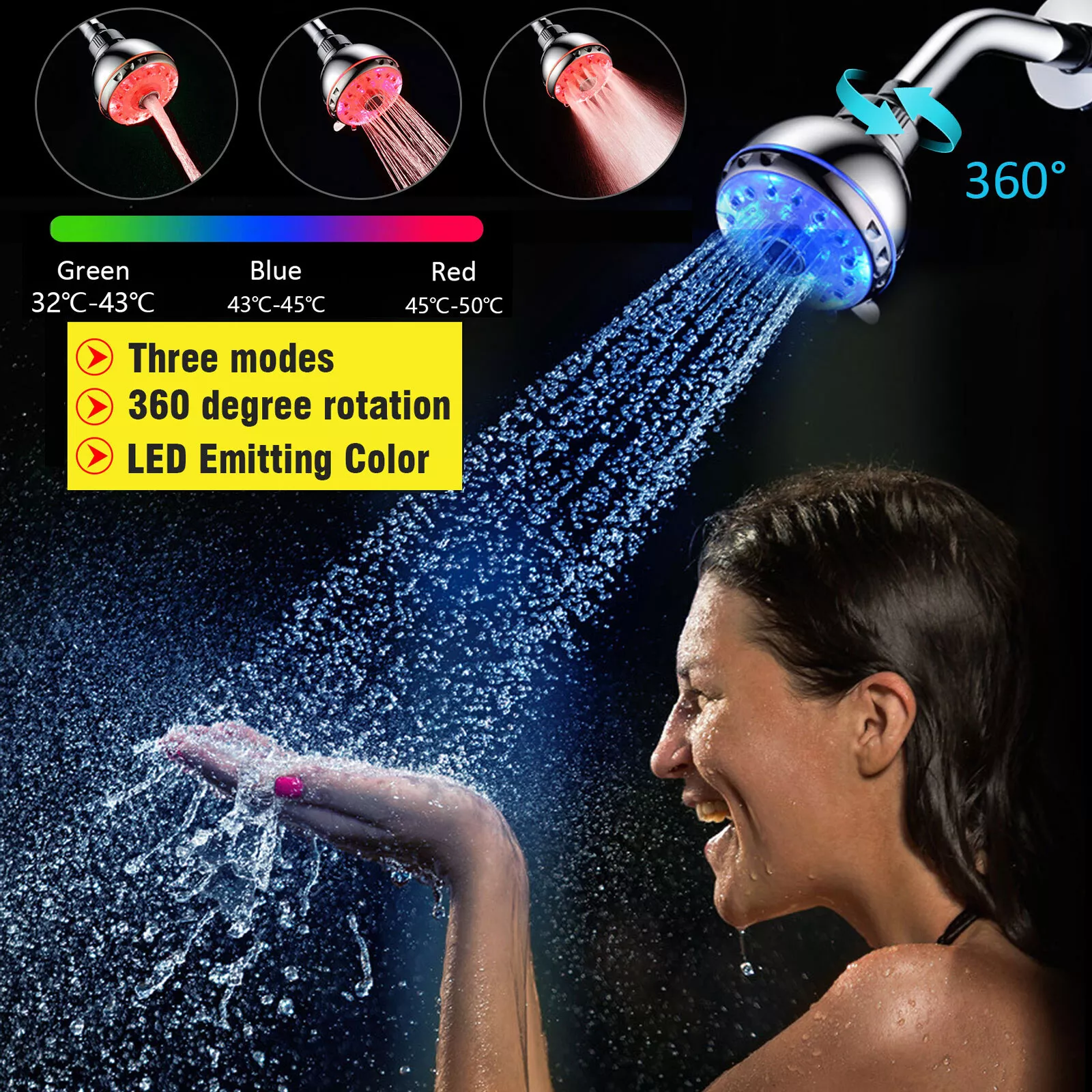 RGB 7 Colorful LED Light Water Bath Bathroom Filtration Shower Head ...