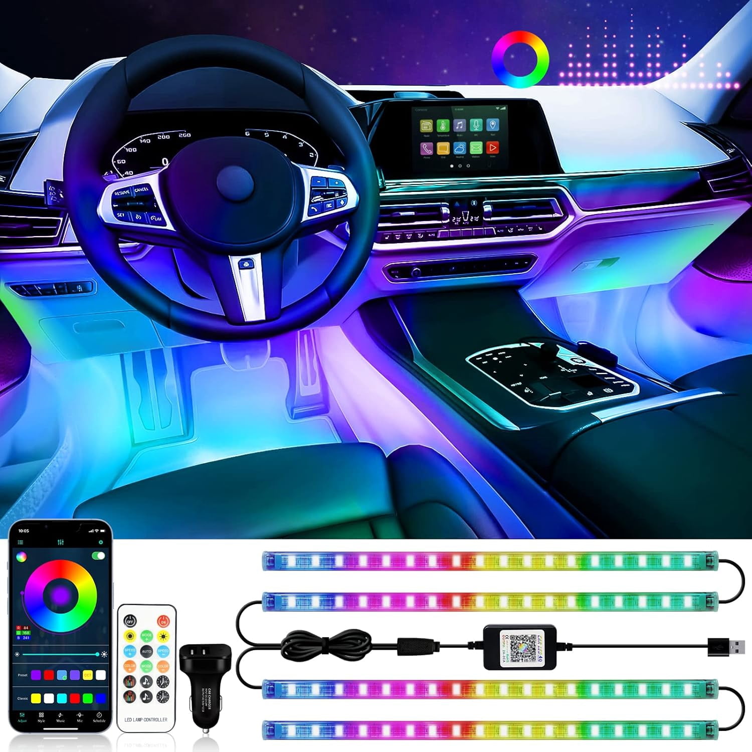 RGB 72 LED Interior Car Strip Lights with Smart APP Control, 2 Lines ...