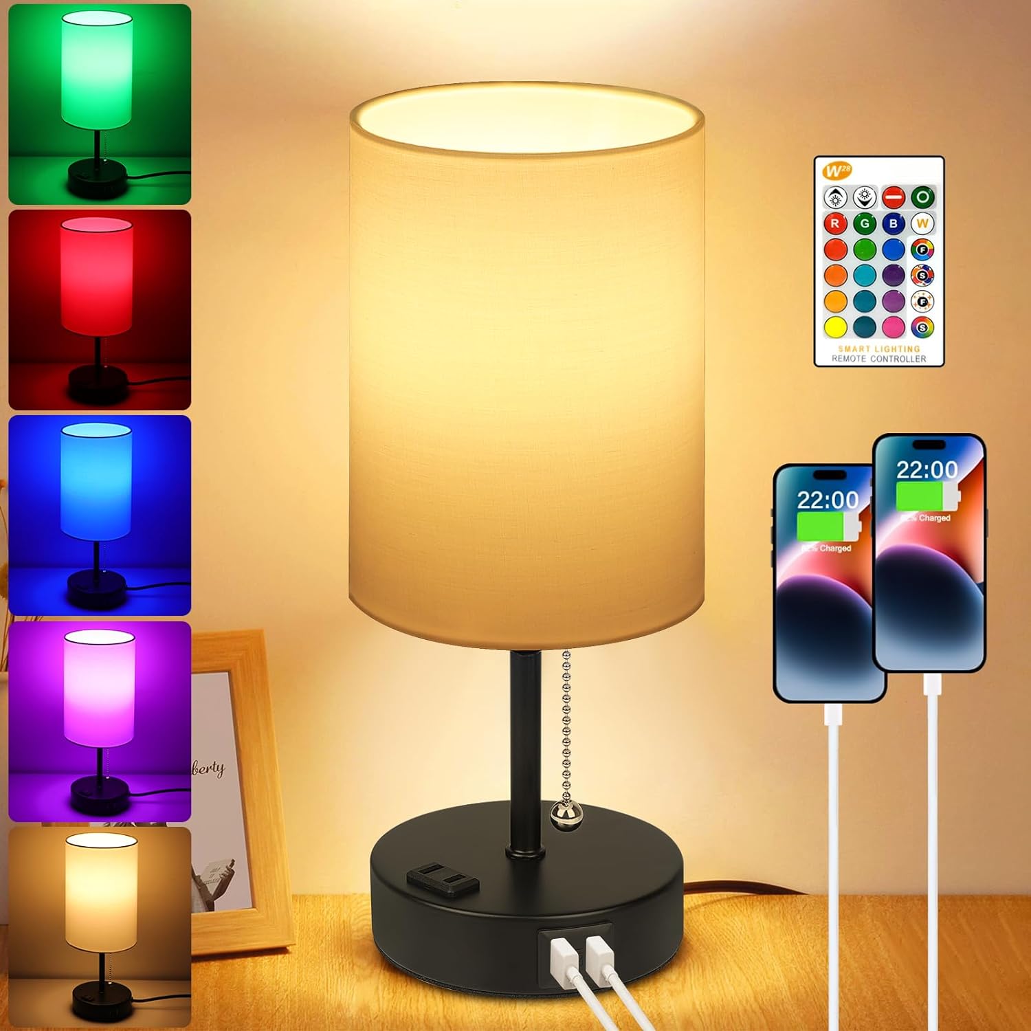 RGB Bedside Lamp Bedroom Bedside Lamp with 2 USB Charging Port and AC ...