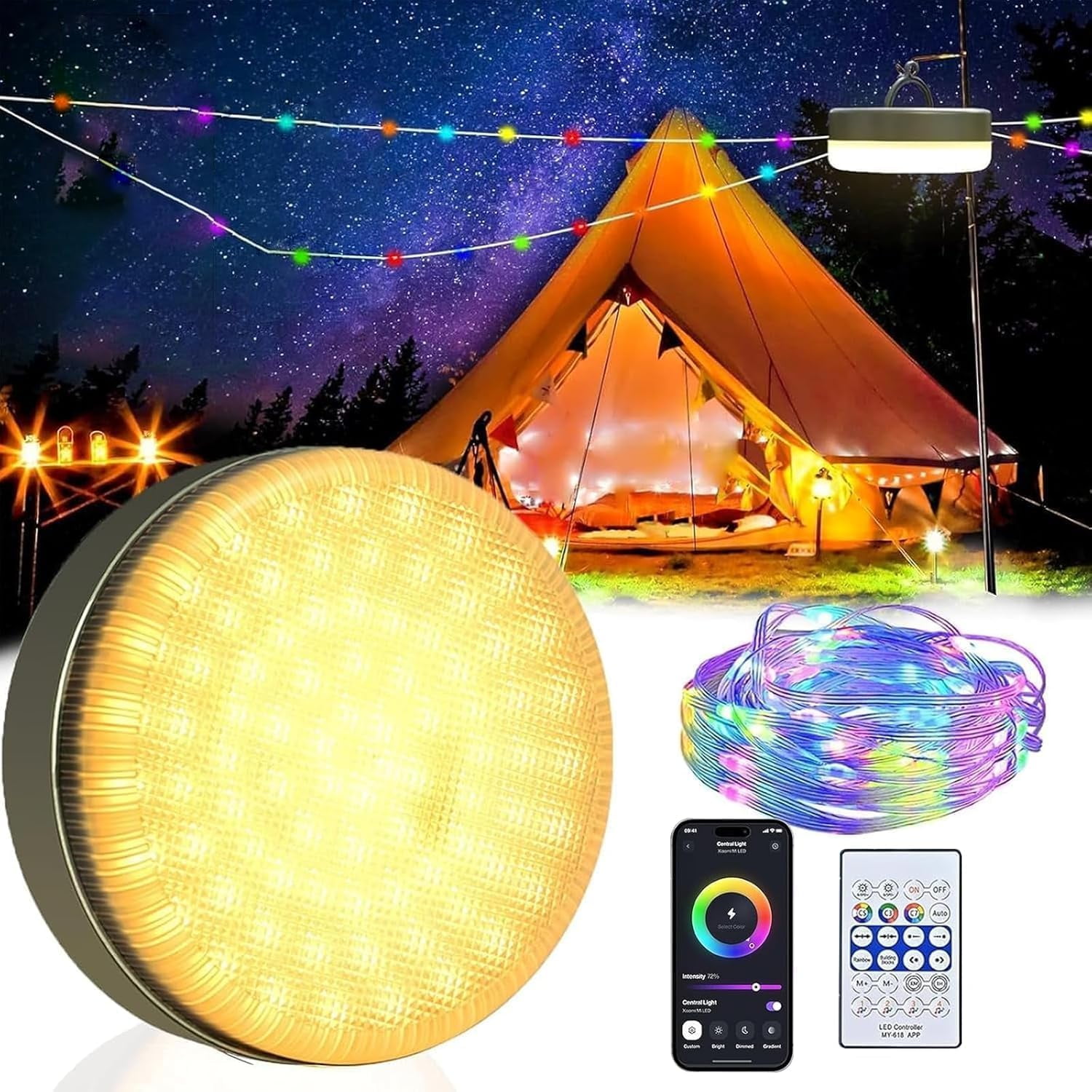 RGB Camping Light String Smart APP Control 4500mAh Rechargeable LED ...