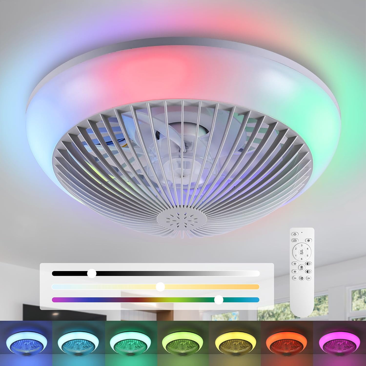 RGB Ceiling Fans with Lights and Remote, 16'' Low Profile Enclosed ...