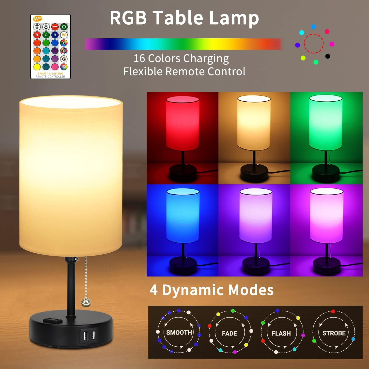 RGB Color Changing Bedside Lamp with USB Charging & AC Outlet, 3 Way ...
