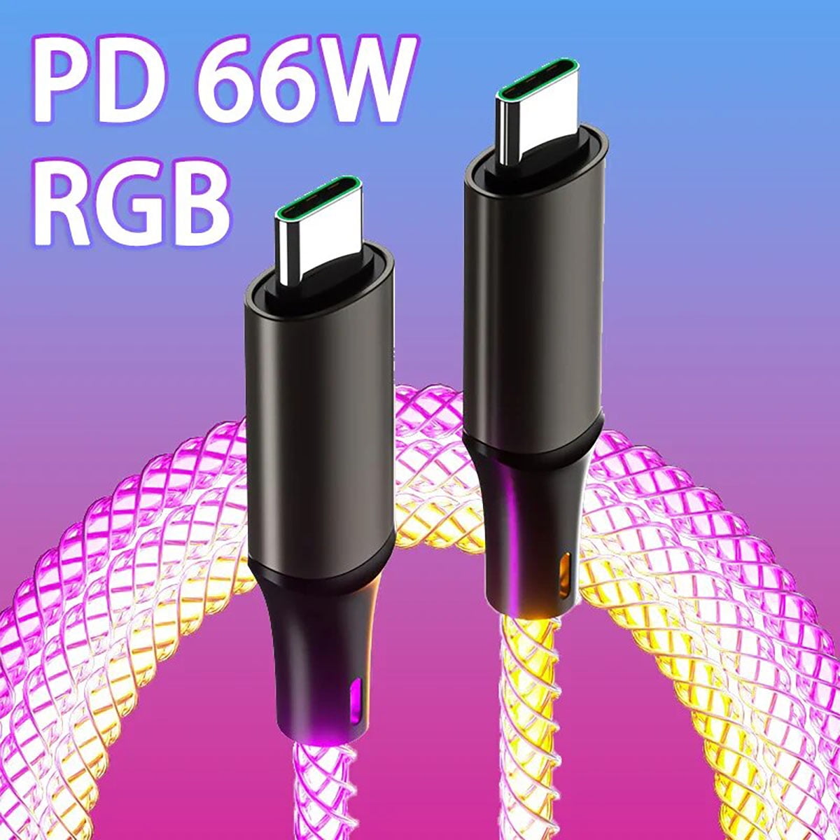 66W RGB USB C to C Fast Charging Cable, High Data Speed, Colorful Flowing Light, 3.3ft - Walmart.com