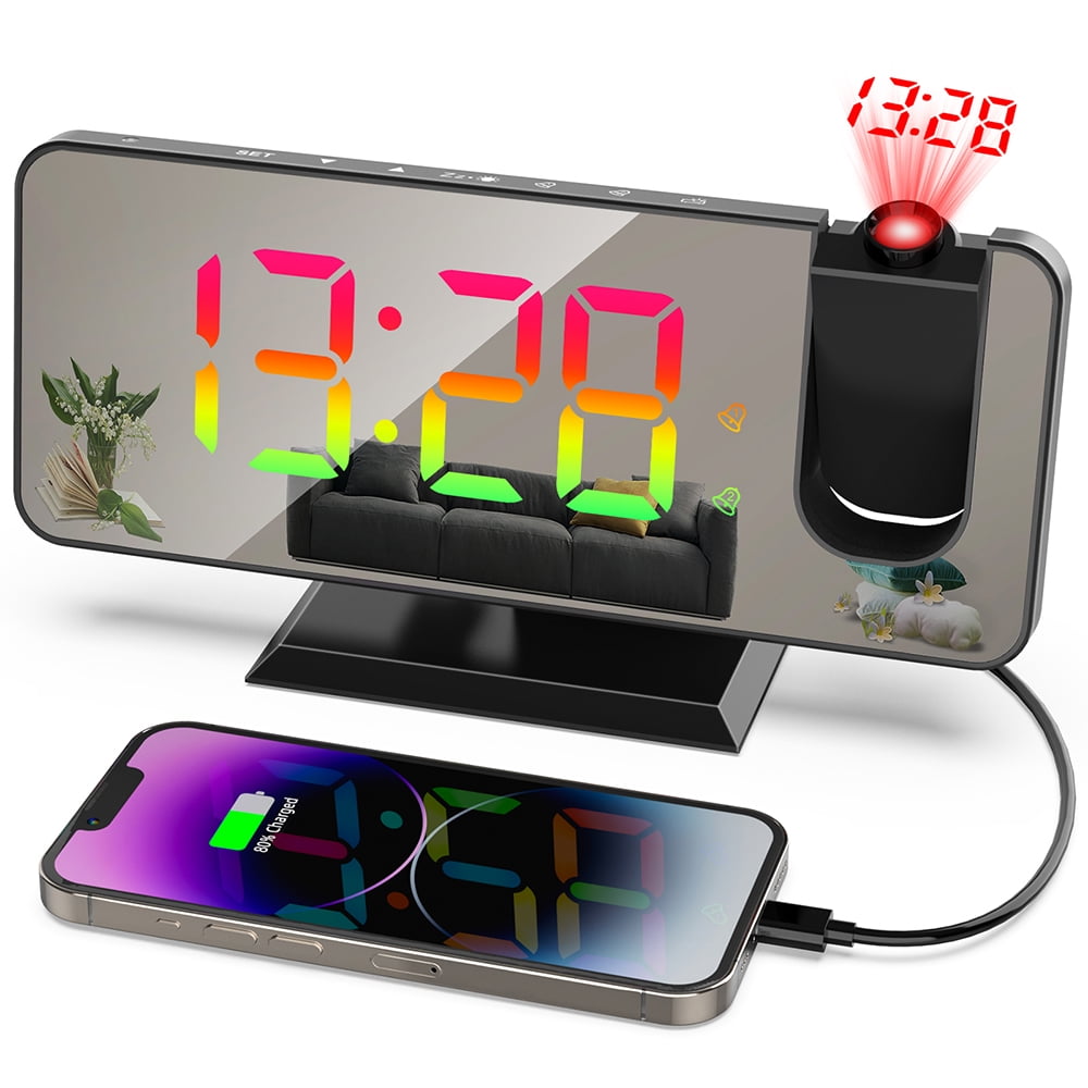 RGB Dazzle Color Projection Alarm Clock Black Large Mirror Alarm Clock ...