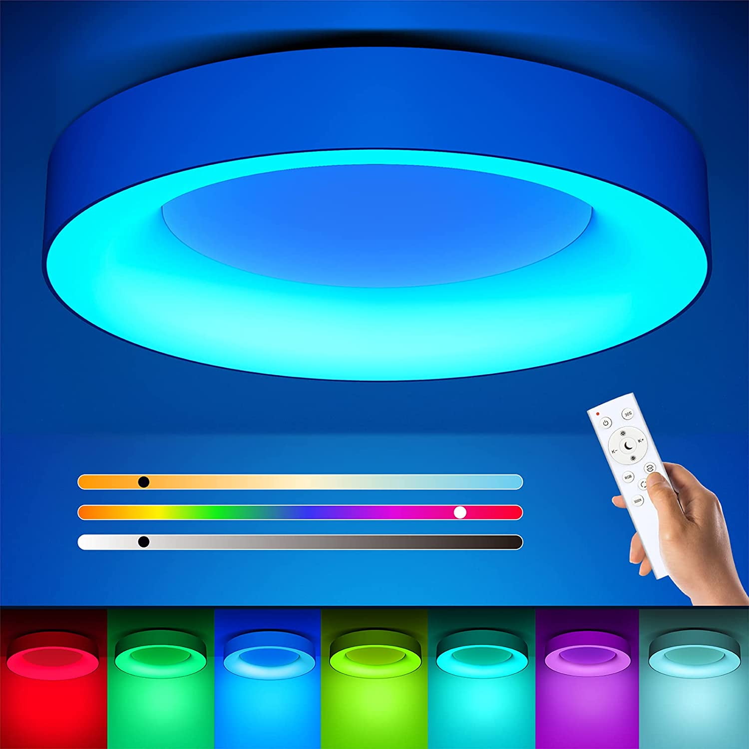 RGB Flush Mount Ceiling Light with Remote Control, 2400LM Dimmable ...