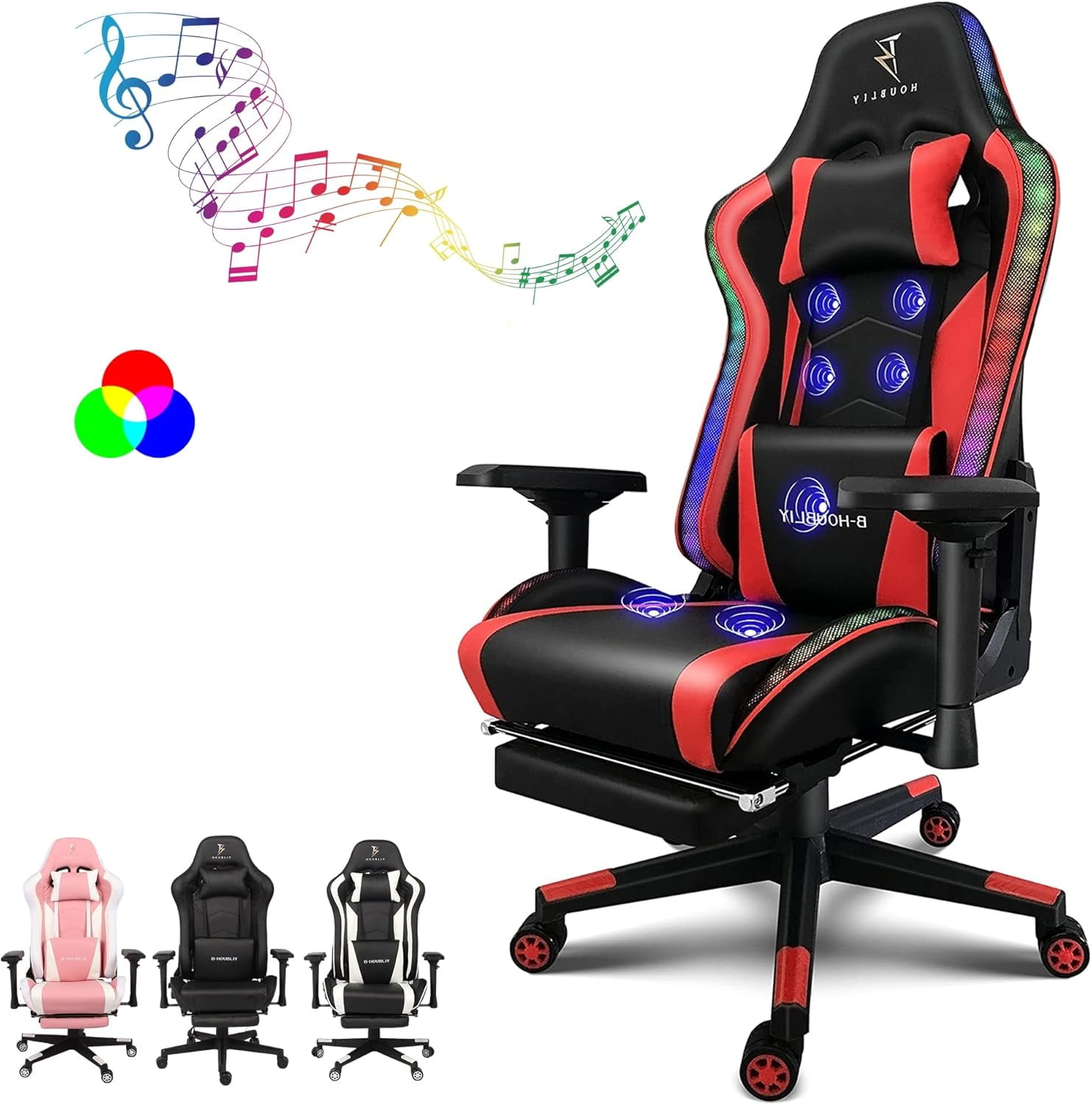 RGB Gaming Chair with Footrest, Massage Video Game Chairs with Speakers ...