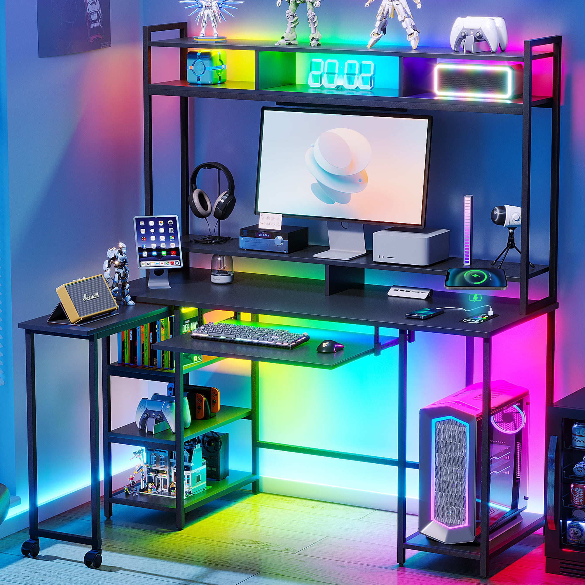RGB Gaming Desk with Wireless Charging Station,7 Dynamic & 24 Static ...