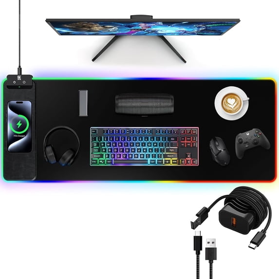 RGB Gaming Mouse Pad with Fast Wireless Charger, LED Extended Desk Mat ...