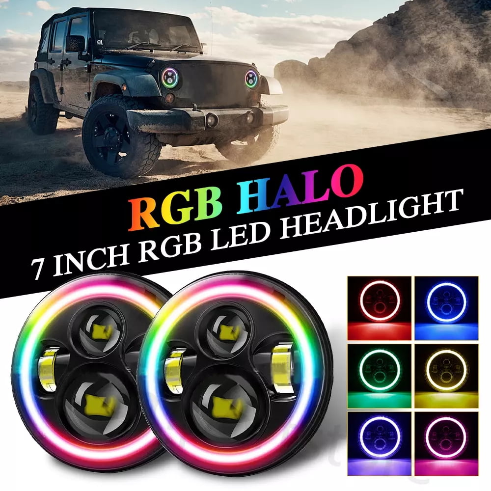 RGB Halo Angel Eye 7inch LED Headlight Hi//Lo DRL Kit - for Jeep ...