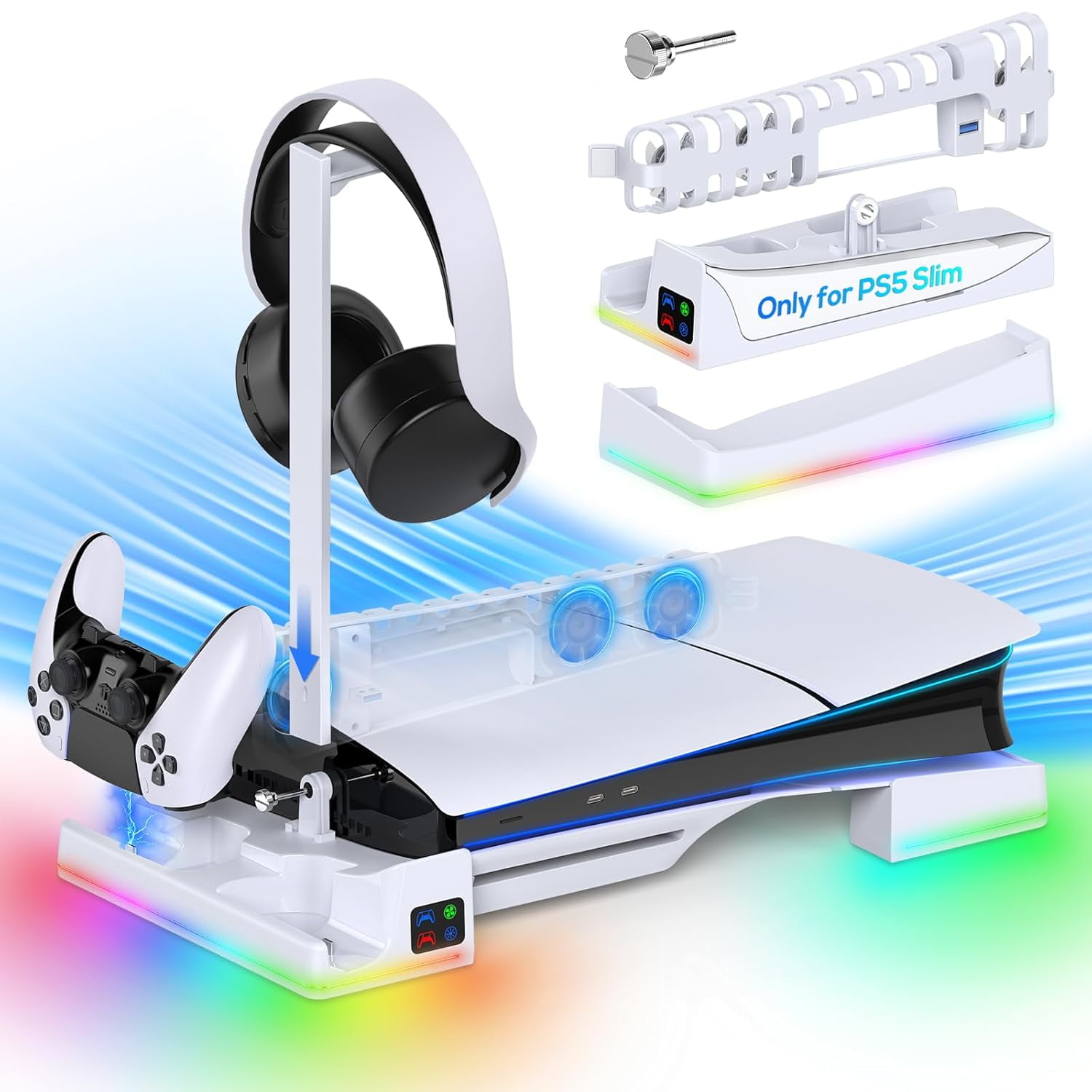 RGB Horizontal Cooling Station Stand for PS5 Slim Console with 2 ...