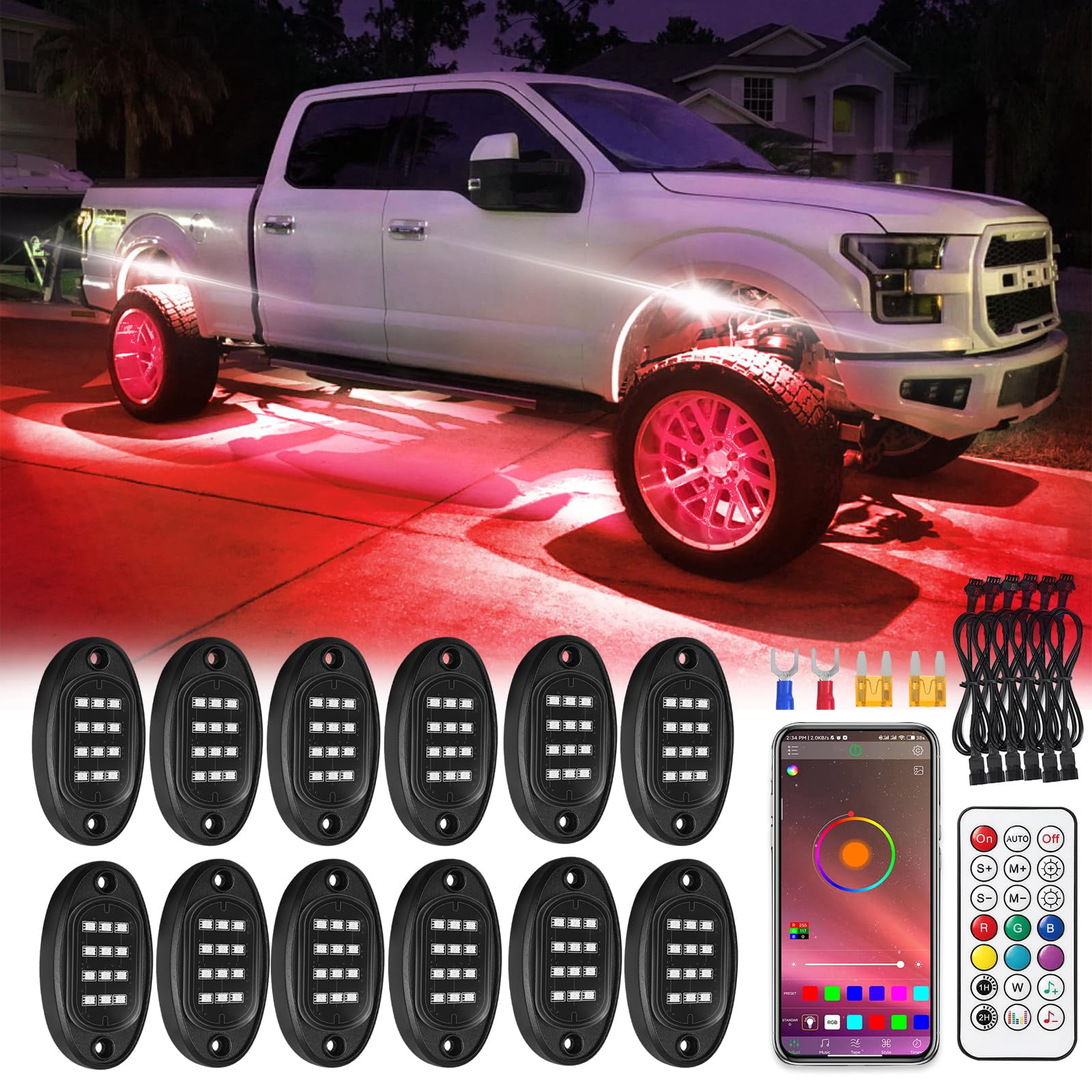 RGB+IC Dream Color RGB AIF4 LED Rock Lights, Chasing 12Pods Underglow Lights Car Exterior with ...