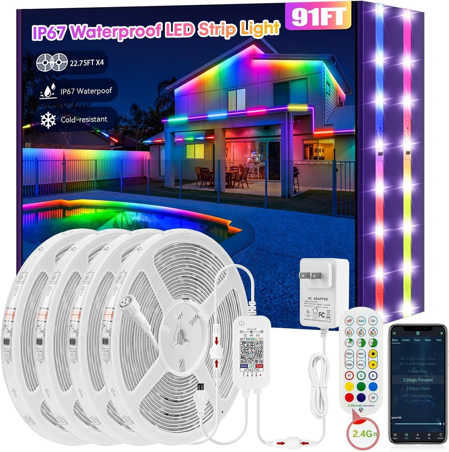 RGB+IC LED Strip Lights Outdoor, 91FT IP67 LED Light Strip with App ...