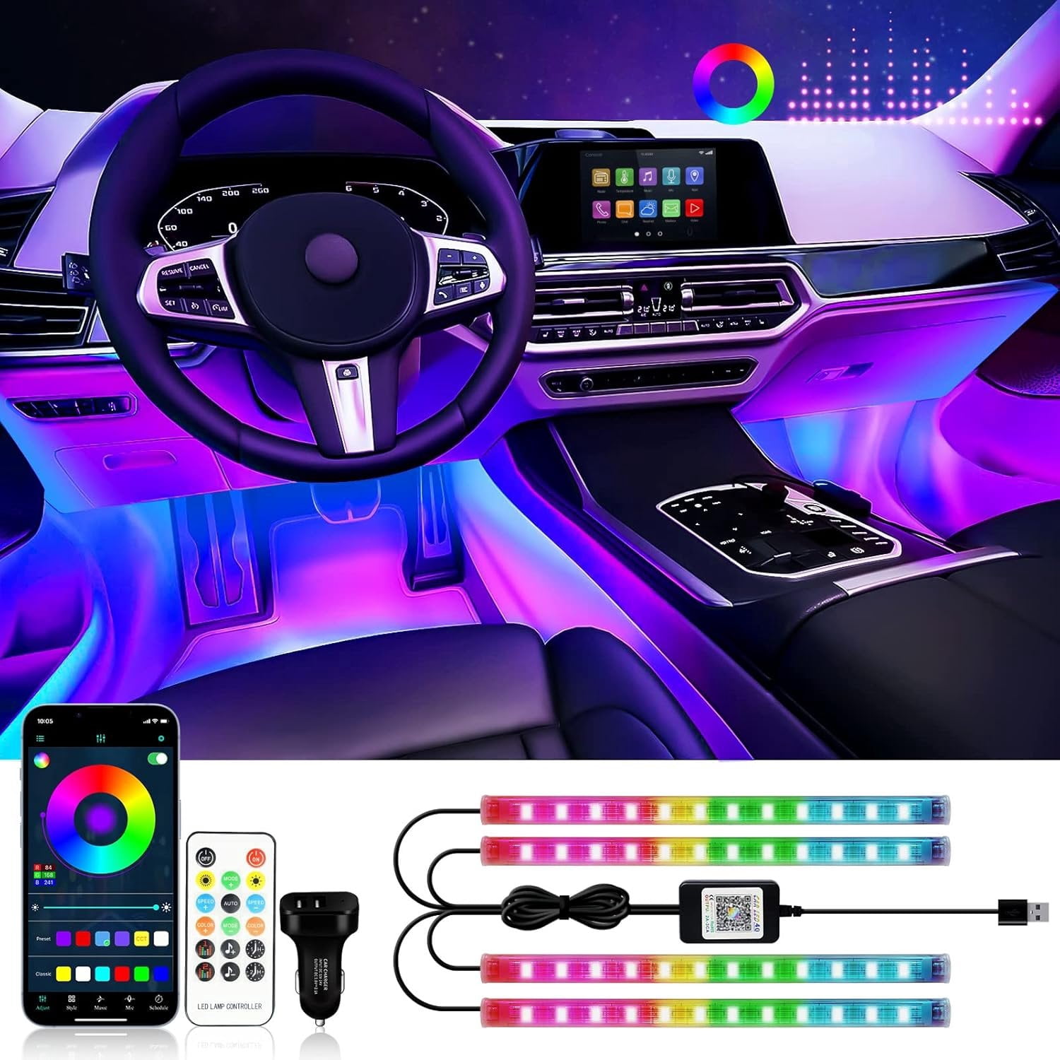 RGB Interior Strip Lights with APP Control, Sync Under Dash Footwell ...