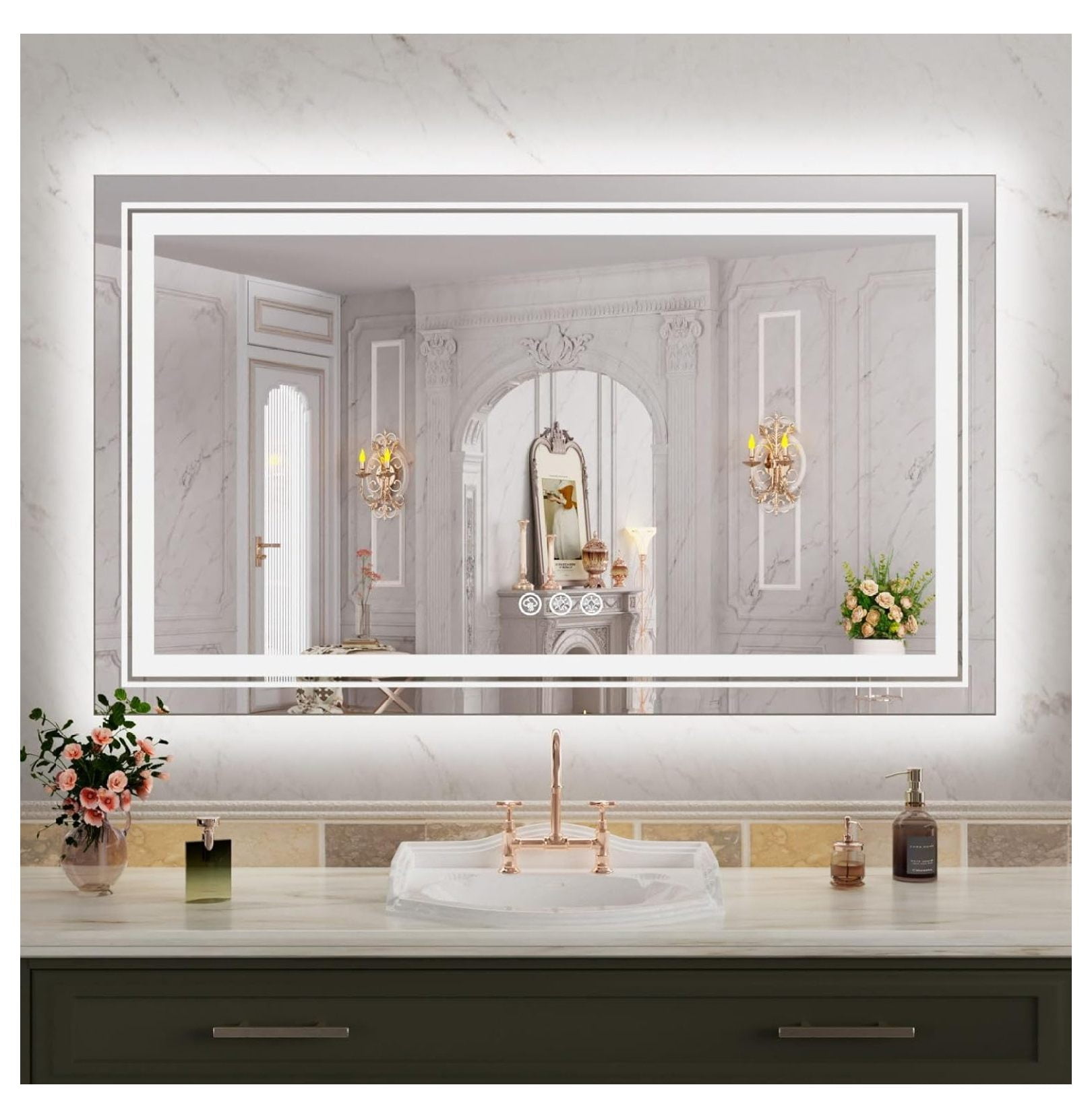 RGB LED Bathroom Mirror 40"x24" with Backlit and 3 Front Light, Stepless Dimmable LED Mirror ...