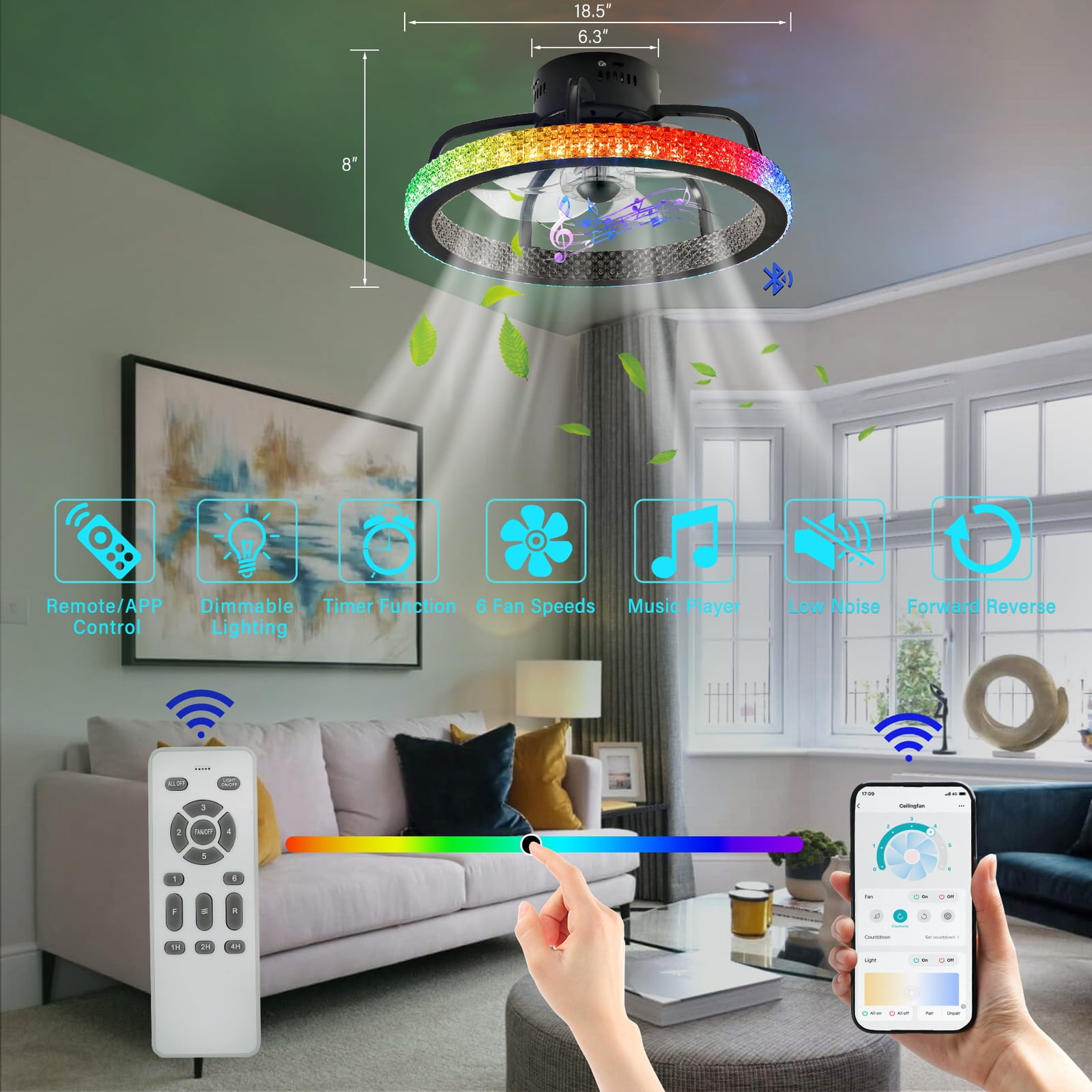 RGB LED Ceiling Fan with Light & Bluetooth Speaker APP & Remote Control ...