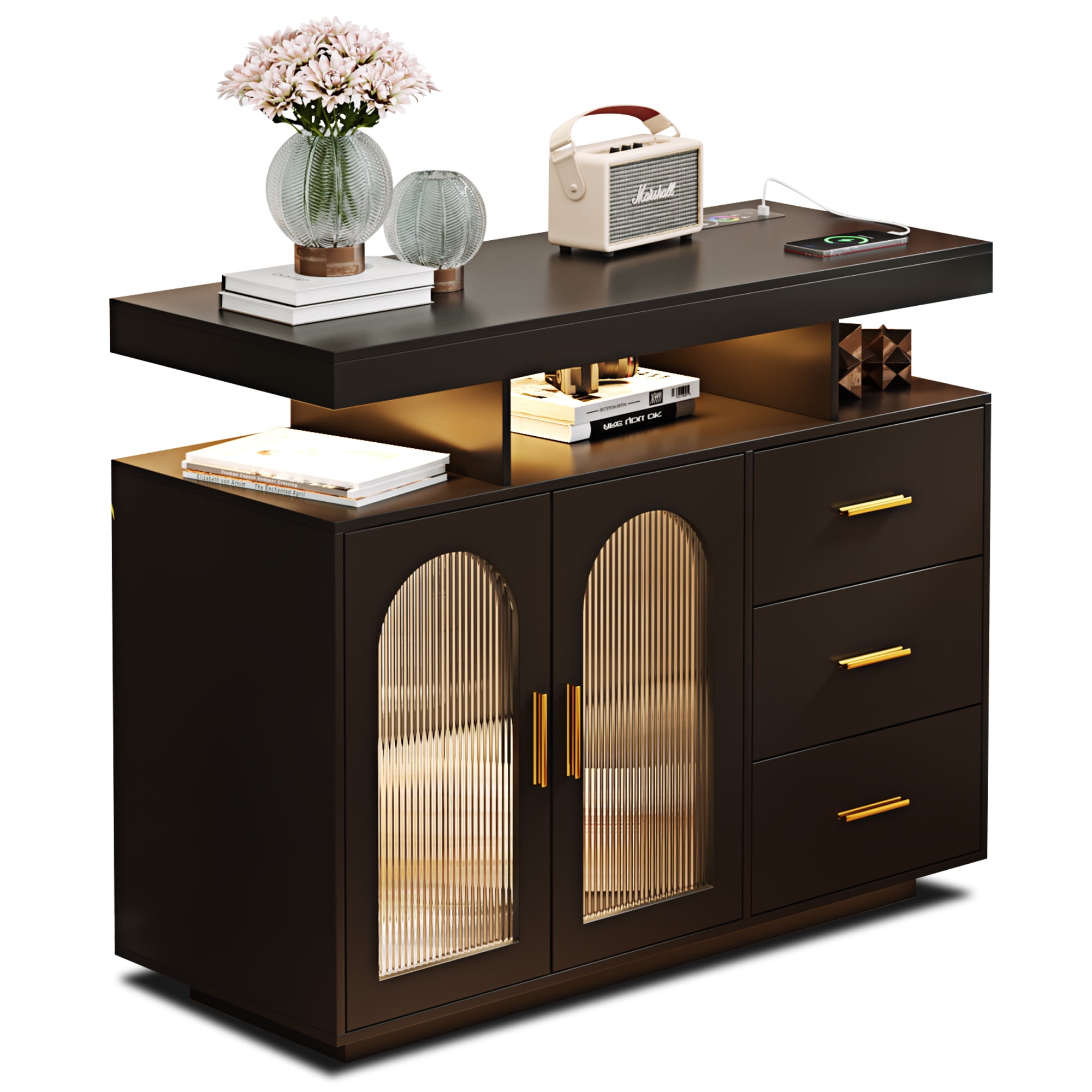 RGB LED Coffee Bar Cabinet Kitchen Storage Cabinet & Sideboard Buffet ...