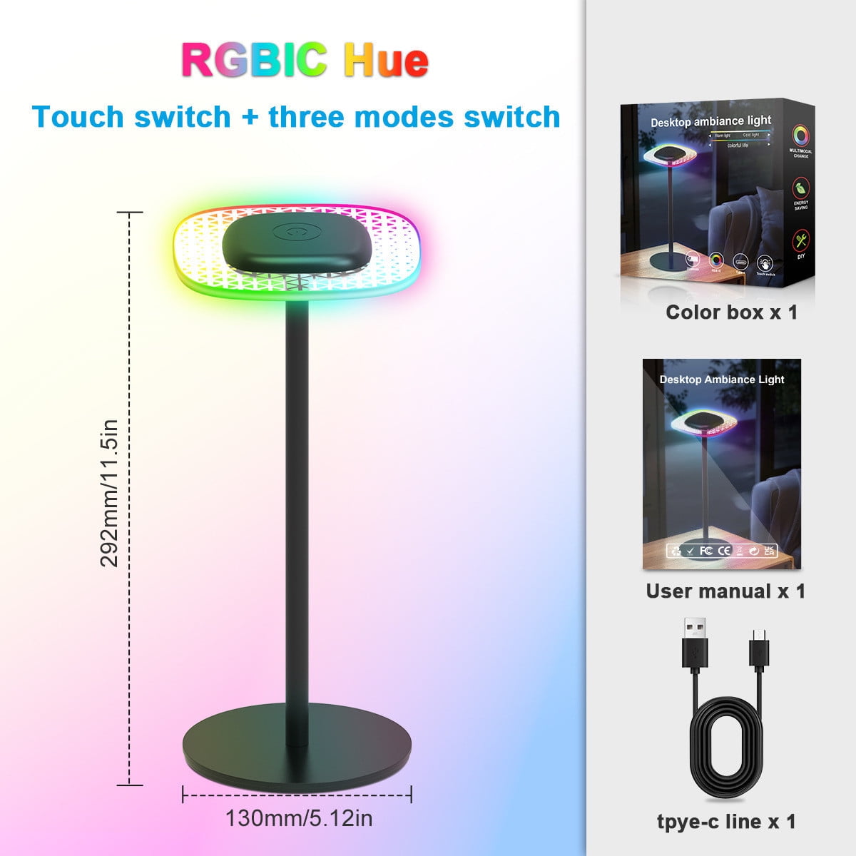 RGB LED Desk Lamp, Dimmable Reading Light, USB C Charging Ports, Modern Night Lamp, for Bedroom ...